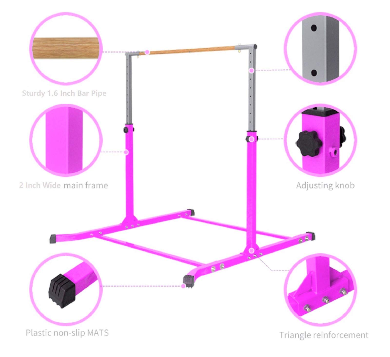 ProGymnastics, 5Ft, Athletic, Horizontal Bar, Adjustable, Kip Bars, Pink, Gymnastics, with Free Gloves, Gymnastics Bar, for Kids, Home, girls, gymnastics, monkey beam, balance set Adjustable