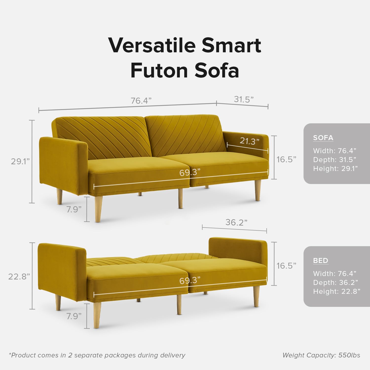 mopio Futon Sofa Bed, Couch, Small Sofa, Sleeper Sofa, Loveseat, Mid Century Modern Futon Couch, Sofa Cama, Couches for Living Room (Antique Gold Premium Velvet)