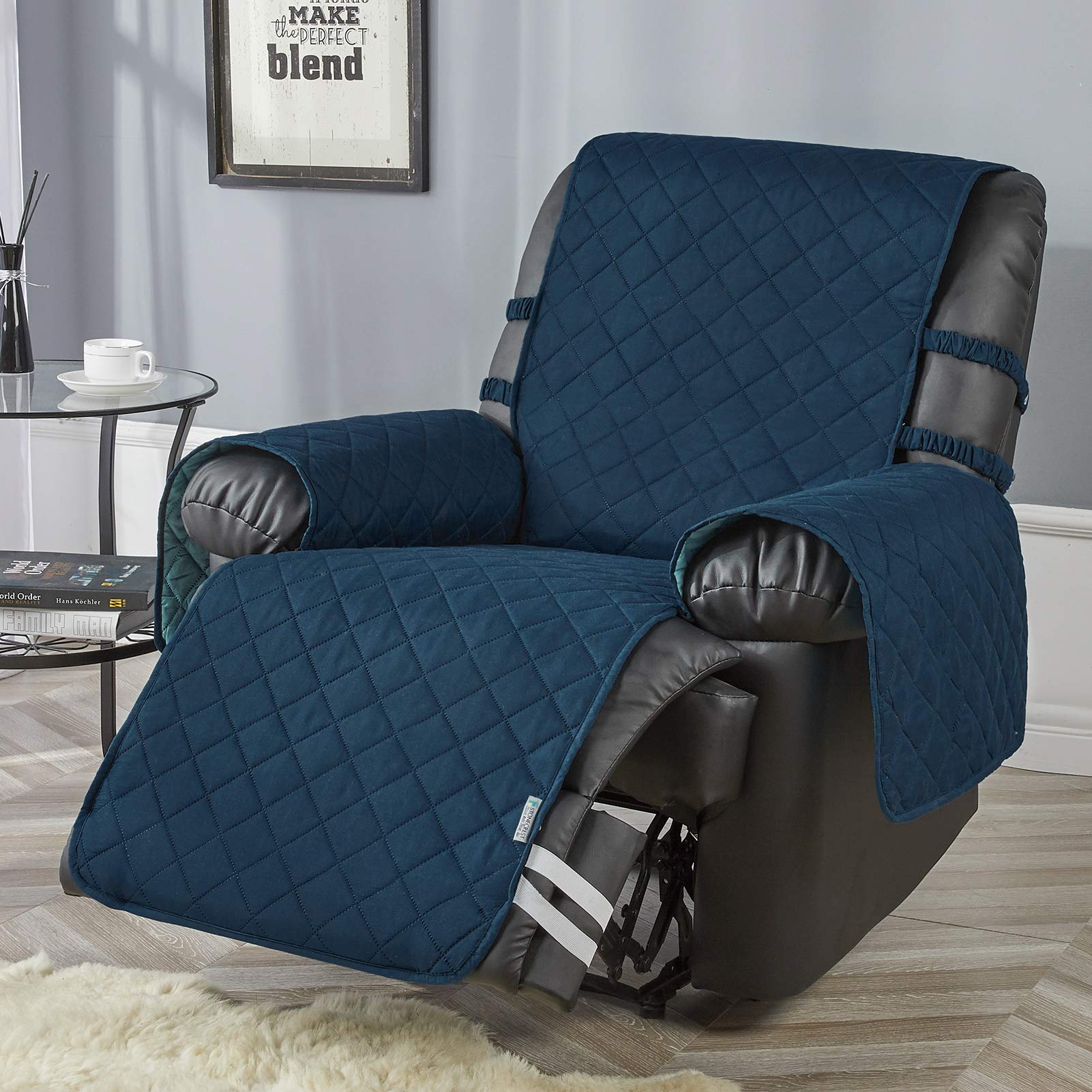 STONECREST Recliner Chair Cover, Reversible Recliner Cover with Straps to Stay in Place (Indigo/Teal-Single Diamond, 25" Regular Recliner)