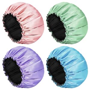 aquior shower cap, 4-pack bathing reusable shower caps for long hair women, double layers premium sumptuous silky satin 100% waterproof shower cap extra large