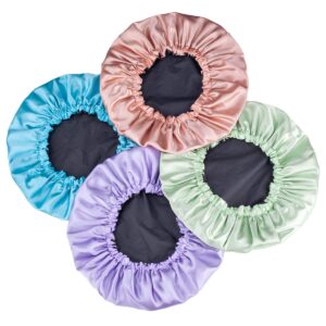 Aquior Shower Cap, 4-Pack Bathing Reusable Shower Caps for Long Hair Women, Double Layers Premium Sumptuous Silky Satin 100% Waterproof Shower Cap Extra Large