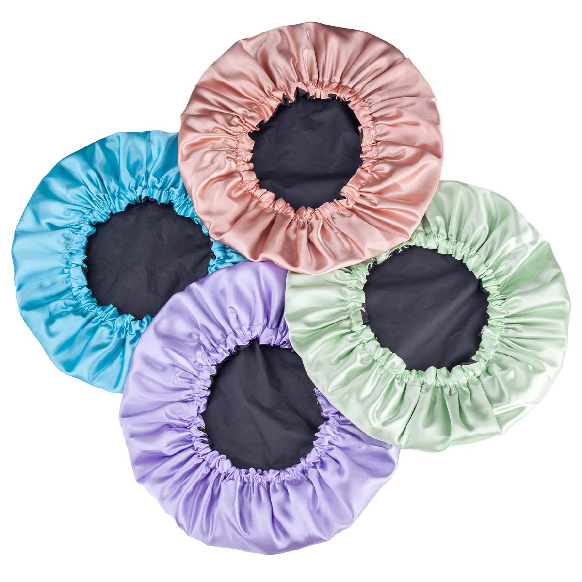 Aquior Shower Cap, 4-Pack Bathing Reusable Shower Caps for Long Hair Women, Double Layers Premium Sumptuous Silky Satin 100% Waterproof Shower Cap Extra Large