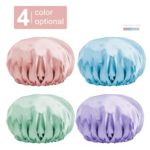 Aquior Shower Cap, 4-Pack Bathing Reusable Shower Caps for Long Hair Women, Double Layers Premium Sumptuous Silky Satin 100% Waterproof Shower Cap Extra Large