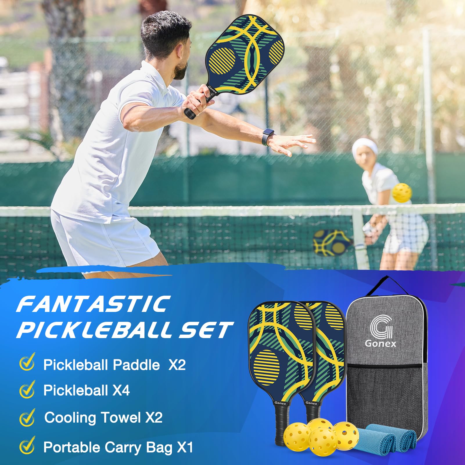 Gonex Pickleball Paddles, Lightweight Pickleball Set with Comfort Grip, 2/4 Fiberglass Face Pickleball Rackets with 4 Pickleball Balls, 2/4 Cooling Towels, Portable Carry Bag