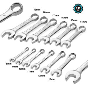 DURATECH Stubby Combination Wrench Set, Metric, 12-Piece, 8-19mm, 12 Point, CR-V Steel, with Rolling Pouch