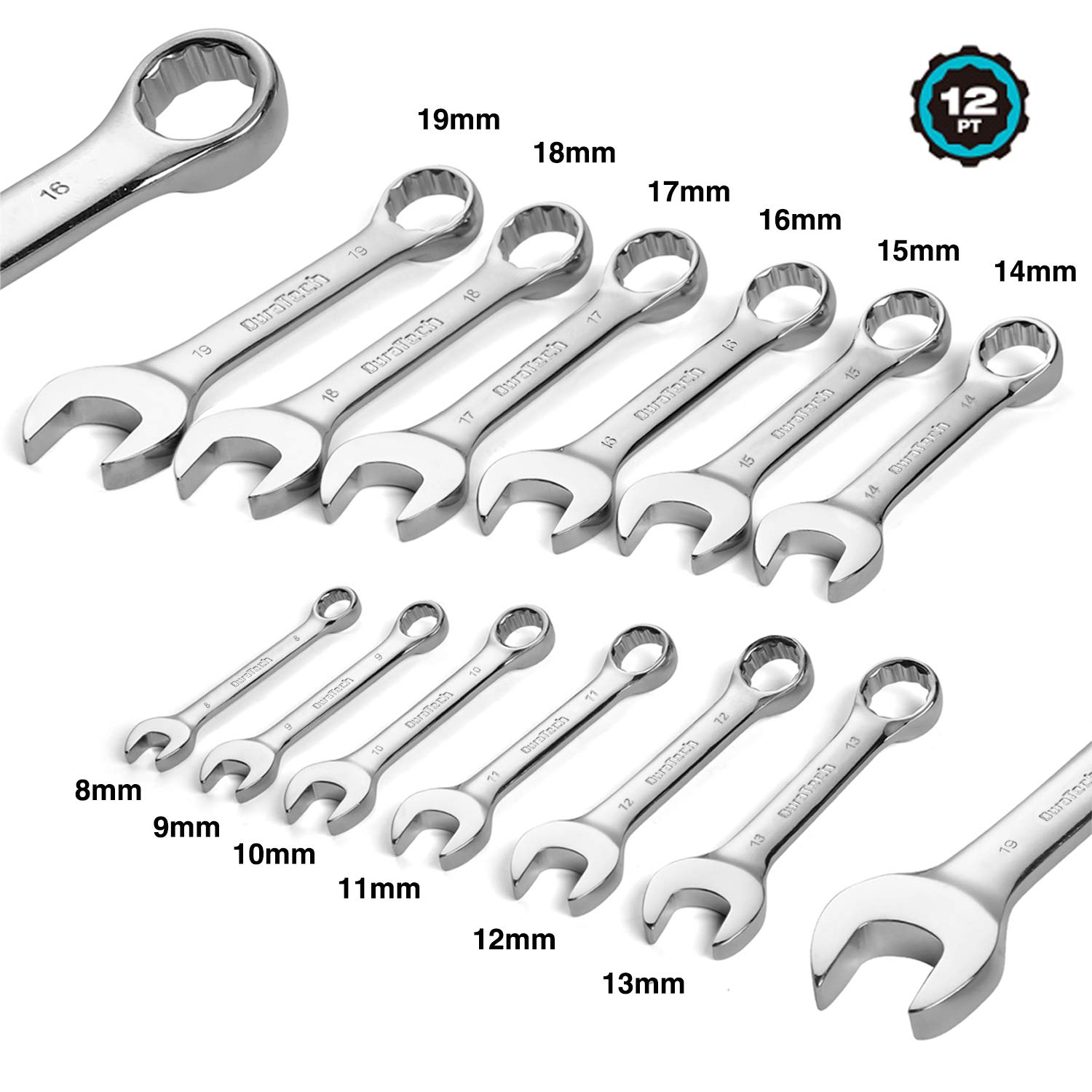 DURATECH Stubby Combination Wrench Set, Metric, 12-Piece, 8-19mm, 12 Point, CR-V Steel, with Rolling Pouch