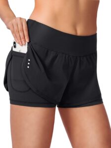 soothfeel women's 2 in 1 running shorts workout athletic gym yoga shorts for soothfeel women with phone pockets black