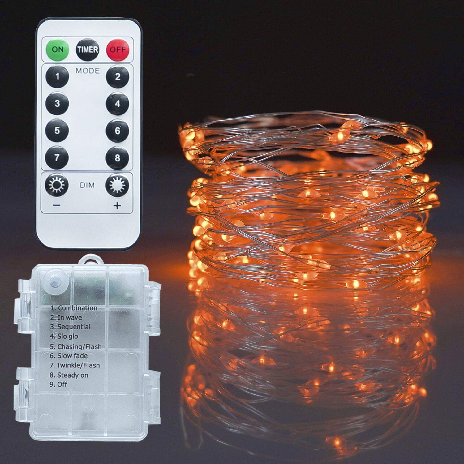 Twinkle Star Fairy Lights, 33ft 100 LED Battery Operated Waterproof String Lights with Remote, Timer & 8 Lighting Modes Indoor Outdoor Wedding Party Decorations, Orange, 1 Pack