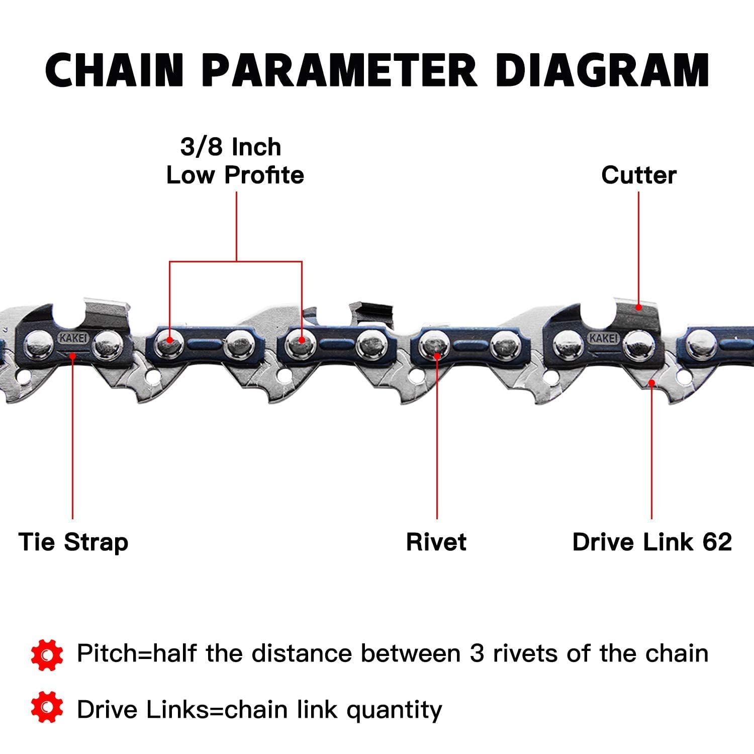 KAKEI 18 Inch Chainsaw Chain 3/8" LP Pitch, 050" Gauge, 62 Drive Links Fits Poulan, Kobalt, Echo, Ego, Greenworks and More- S62 (3 Chains)