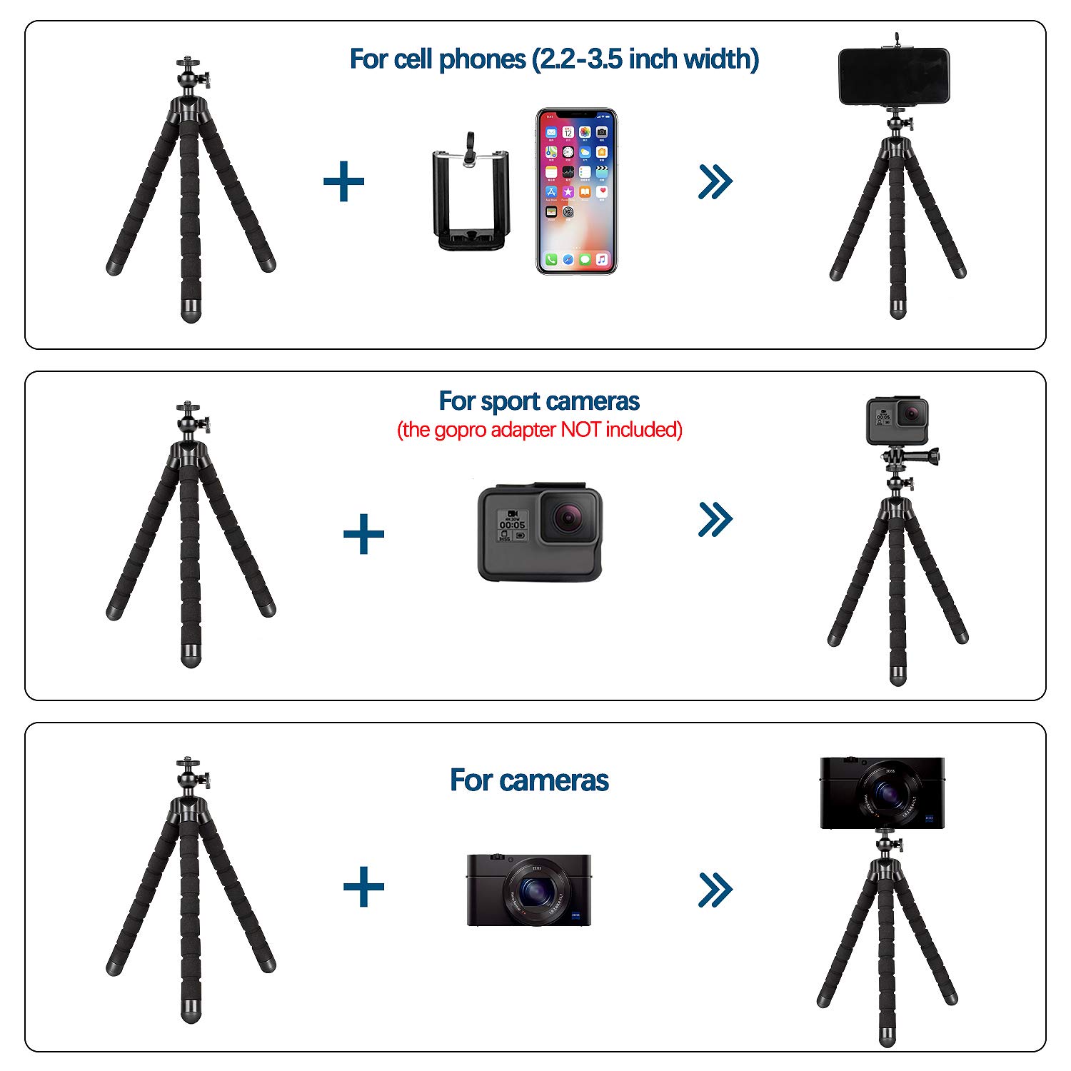 Phone Tripod, Flexible Tripod and Portable Adjustable Tripod with Wireless Remote, Compatible with iPhone/Android Phones, Mini Camera Tripod Stand for Cell Phone DSLR GoPro