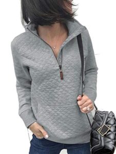 lanremon women long sleeve sweatshirt fashion quilted pattern plain zipper pullover sweatshirts tops with pockets light gray