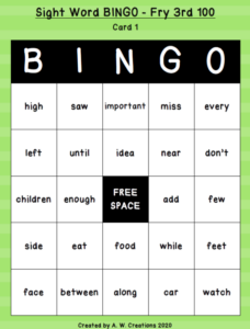 sight word bingo - fry 3rd 100