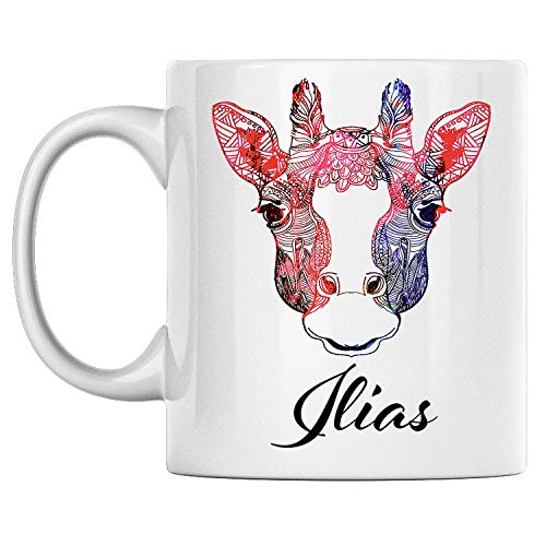 4Ink Personal Giraffe Mug Name Ilias White Ceramic 11 Oz Coffee Mug Printed on Both Sides Perfect for Birthday For Him, Her, Boy, Girl, Husband, Wife, Men, and Women