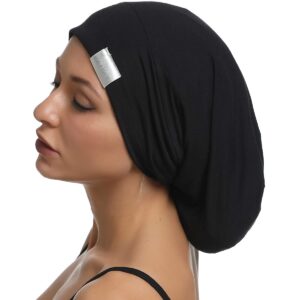 SAYMRE Satin Lined Bonnet Silky Hair Wrap Large Sleep Cap - Adjustable Beanie Slouchy Hats Bonnets for Women Curly Long Hair (X-Large, Pure Black)