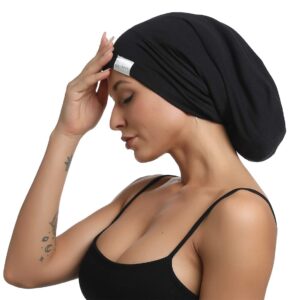 SAYMRE Satin Lined Bonnet Silky Hair Wrap Large Sleep Cap - Adjustable Beanie Slouchy Hats Bonnets for Women Curly Long Hair (X-Large, Pure Black)