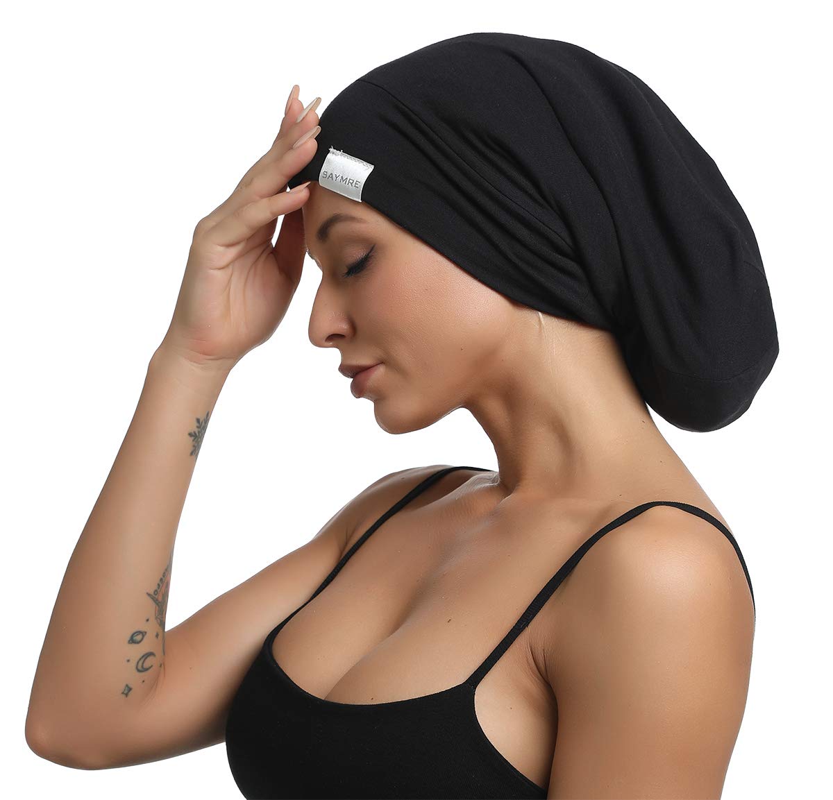 SAYMRE Satin Lined Bonnet Silky Hair Wrap Large Sleep Cap - Adjustable Beanie Slouchy Hats Bonnets for Women Curly Long Hair (X-Large, Pure Black)