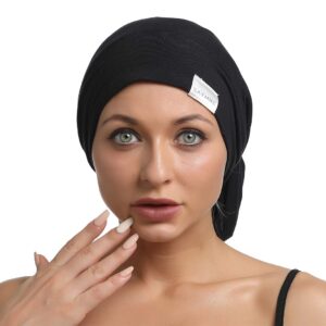 SAYMRE Satin Lined Bonnet Silky Hair Wrap Large Sleep Cap - Adjustable Beanie Slouchy Hats Bonnets for Women Curly Long Hair (X-Large, Pure Black)