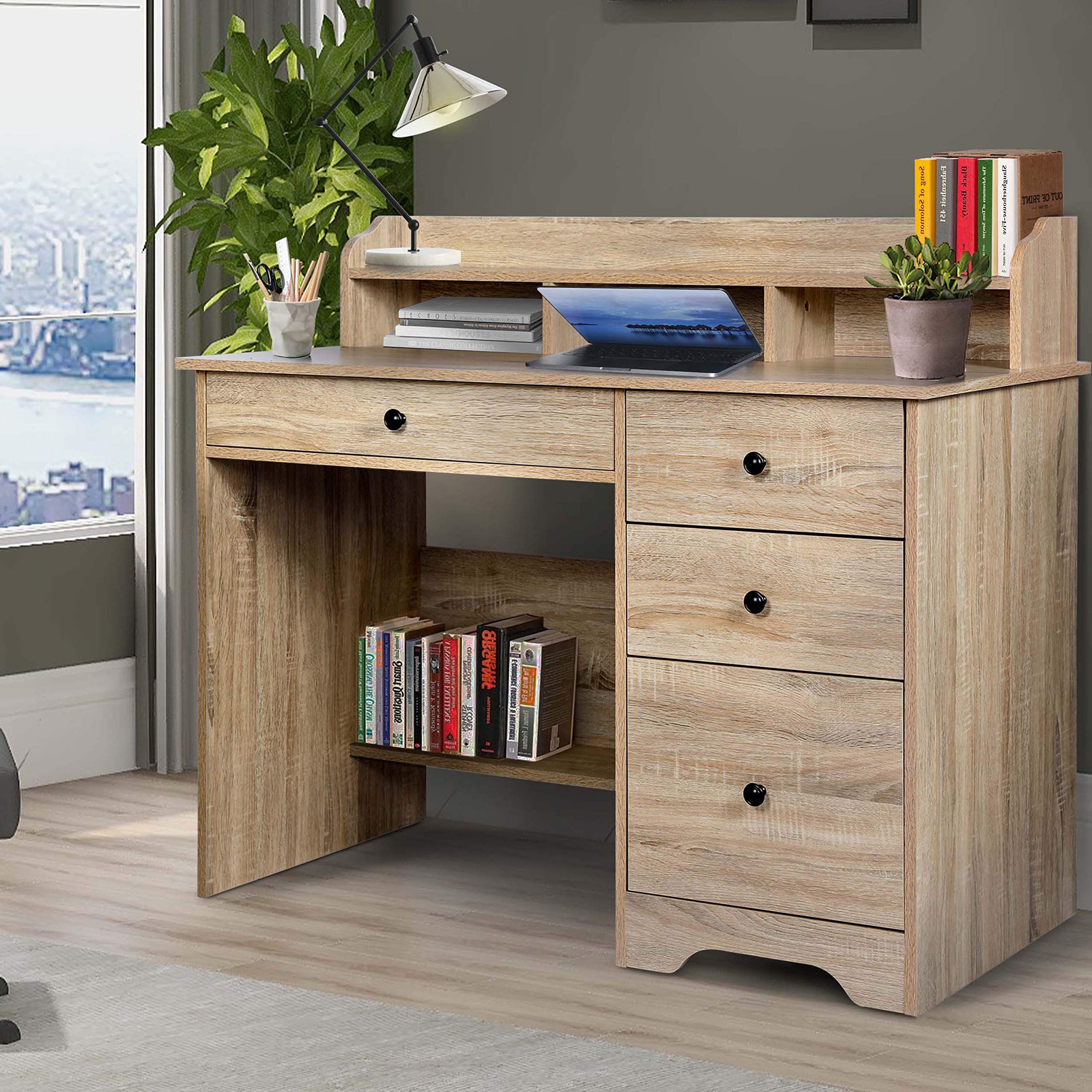 ENSTVER Computer Desk with Hutch and Drawers,Work Station,Student Writing Study Table for Home Office or Den (Light Oak)