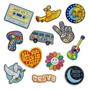 iron on hippie patches retro - the carefree bee | the beatles set of 12 iron on vintage patches for backpacks, cute jean peace sign patches for clothes (set 4)