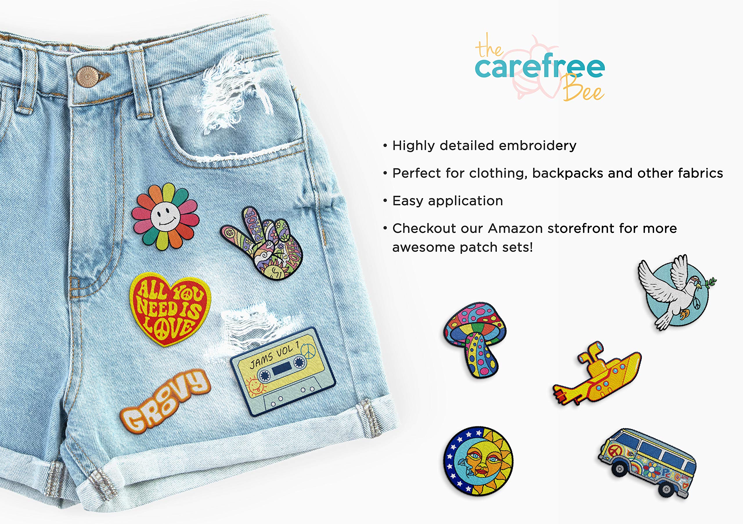 Iron on Hippie Patches Retro - The Carefree Bee | The Beatles Set of 12 Iron On Vintage Patches for Backpacks, Cute Jean Peace Sign Patches for Clothes (Set 4)