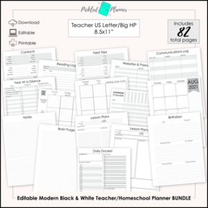 editable modern black & white teacher/homeschool planner bundle