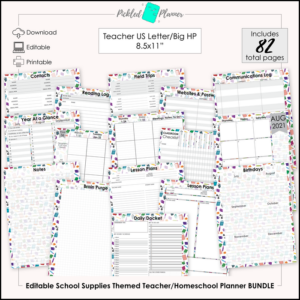 editable school supplies themed teacher/homeschool planner bundle