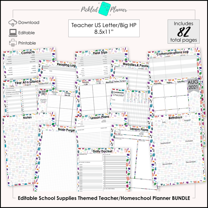 Editable School Supplies Themed Teacher/Homeschool Planner BUNDLE