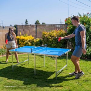 PRO-SPIN Midsize Ping Pong Table | Foldable | Complete Set with Premium Ping Pong Paddles & Balls | 100% Pre-Assembled | Portable Aluminum Table Tennis Table | Weatherproof Indoor/Outdoor Table Tennis