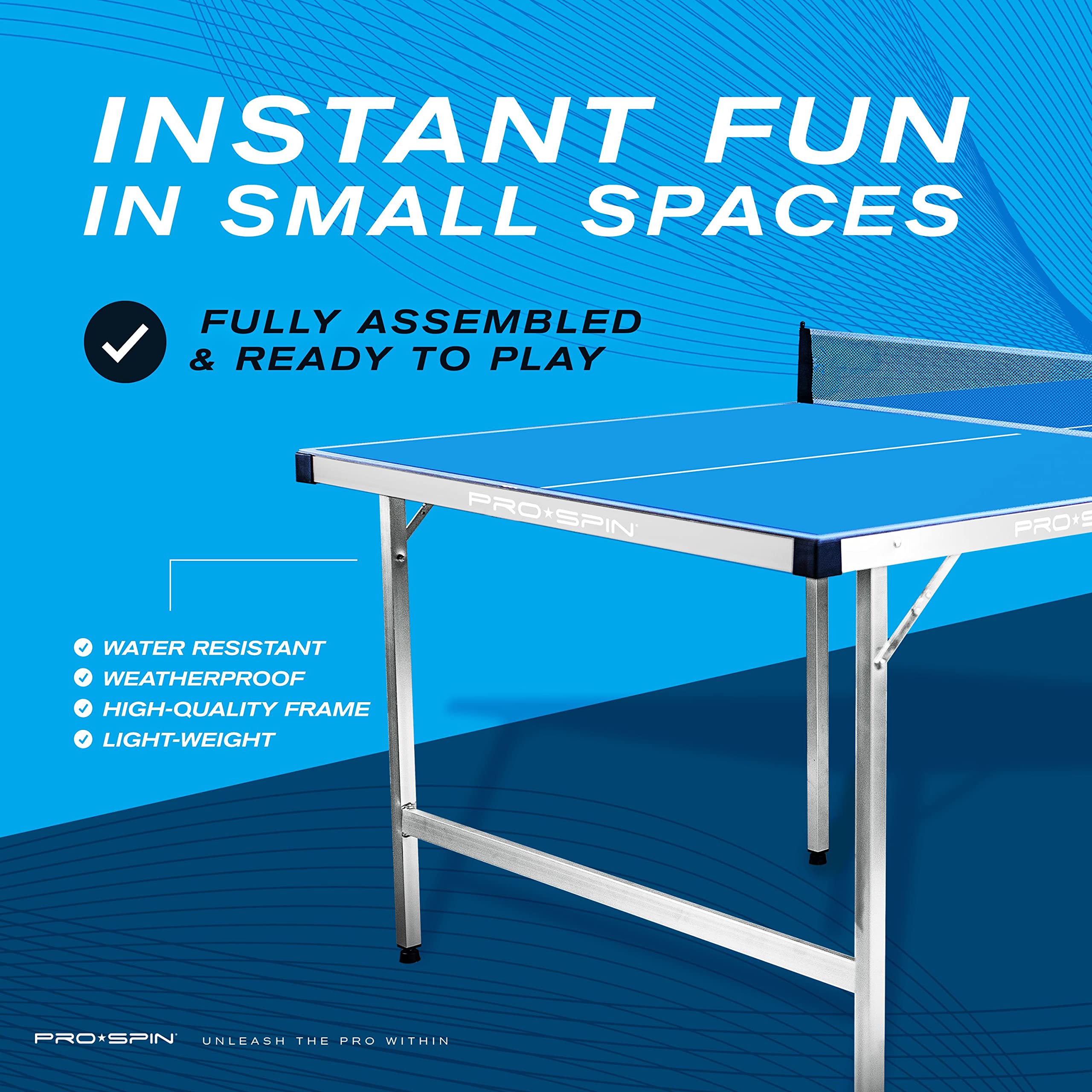 PRO-SPIN Midsize Ping Pong Table | Foldable | Complete Set with Premium Ping Pong Paddles & Balls | 100% Pre-Assembled | Portable Aluminum Table Tennis Table | Weatherproof Indoor/Outdoor Table Tennis