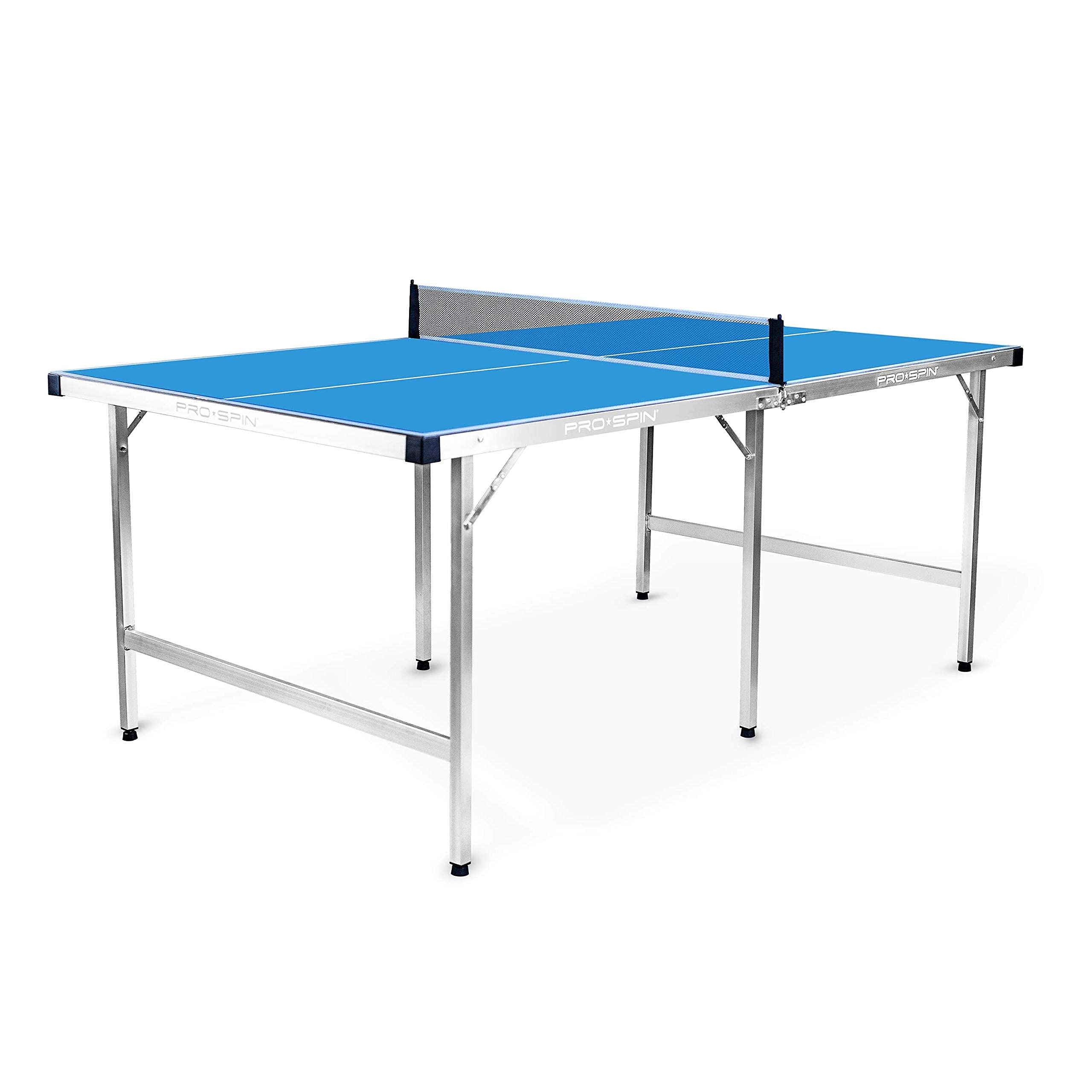 PRO-SPIN Midsize Ping Pong Table | Foldable | Complete Set with Premium Ping Pong Paddles & Balls | 100% Pre-Assembled | Portable Aluminum Table Tennis Table | Weatherproof Indoor/Outdoor Table Tennis