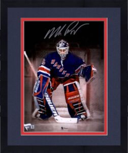 framed mike richter new york rangers autographed 8" x 10" in net spotlight photograph - autographed nhl photos