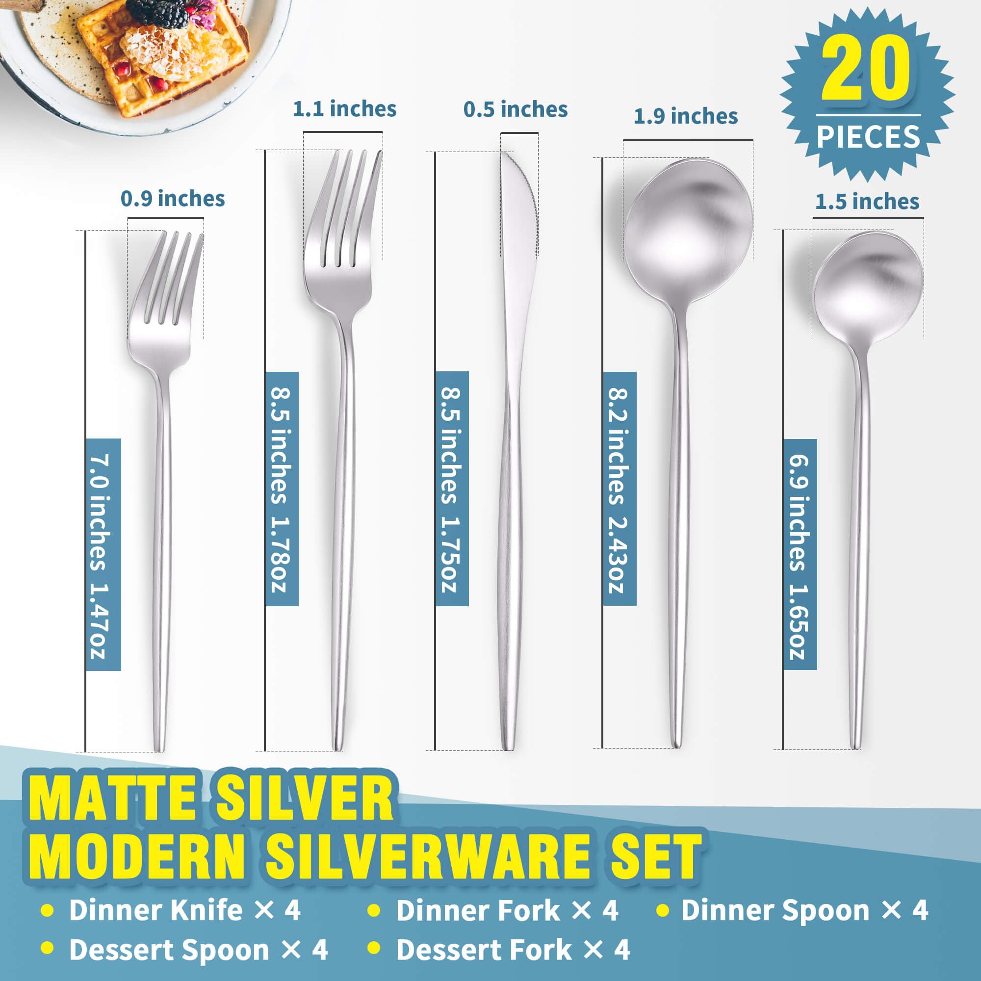 Lemeya Matte Silverware Set,Modern Stainless Steel Flatware Set,20 Pieces Cutlery Set Service for 4,Tableware Utensil Set for Home and Restaurant, Satin Finish, Dishwasher Safe