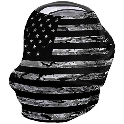 Camouflage Baby Nursing Cover for Breastfeeding, American Flag Camo Breathable Stretchy Nursing Scarf Carseat Canopy for Boys or Girls Stroller Car Seat Covers Independence Day Black Gray Star Stripe