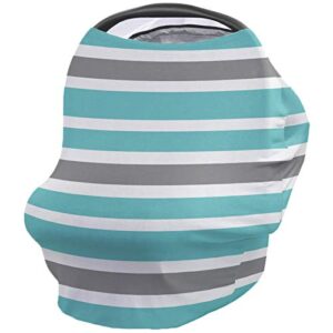 baby nursing cover for breastfeeding, white grey and aqua stripes breathable stretchy nursing scarf carseat canopy for boys or girls stroller car seat covers modern striped