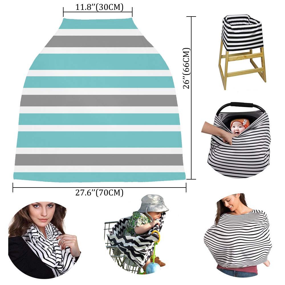 Baby Nursing Cover for Breastfeeding, White Grey and Aqua Stripes Breathable Stretchy Nursing Scarf Carseat Canopy for Boys or Girls Stroller Car Seat Covers Modern Striped