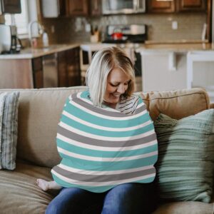 Baby Nursing Cover for Breastfeeding, White Grey and Aqua Stripes Breathable Stretchy Nursing Scarf Carseat Canopy for Boys or Girls Stroller Car Seat Covers Modern Striped