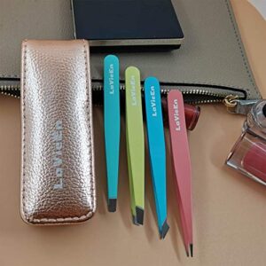 Precision Tweezers Set 4-Piece Muticolor Professional Stainless Steel Tweezers, LaVieEn 4 Pack Tweezers Precision for Eyebrows, Splinter and Ingrown Hair Removal with Rose Gold Leather Travel Case