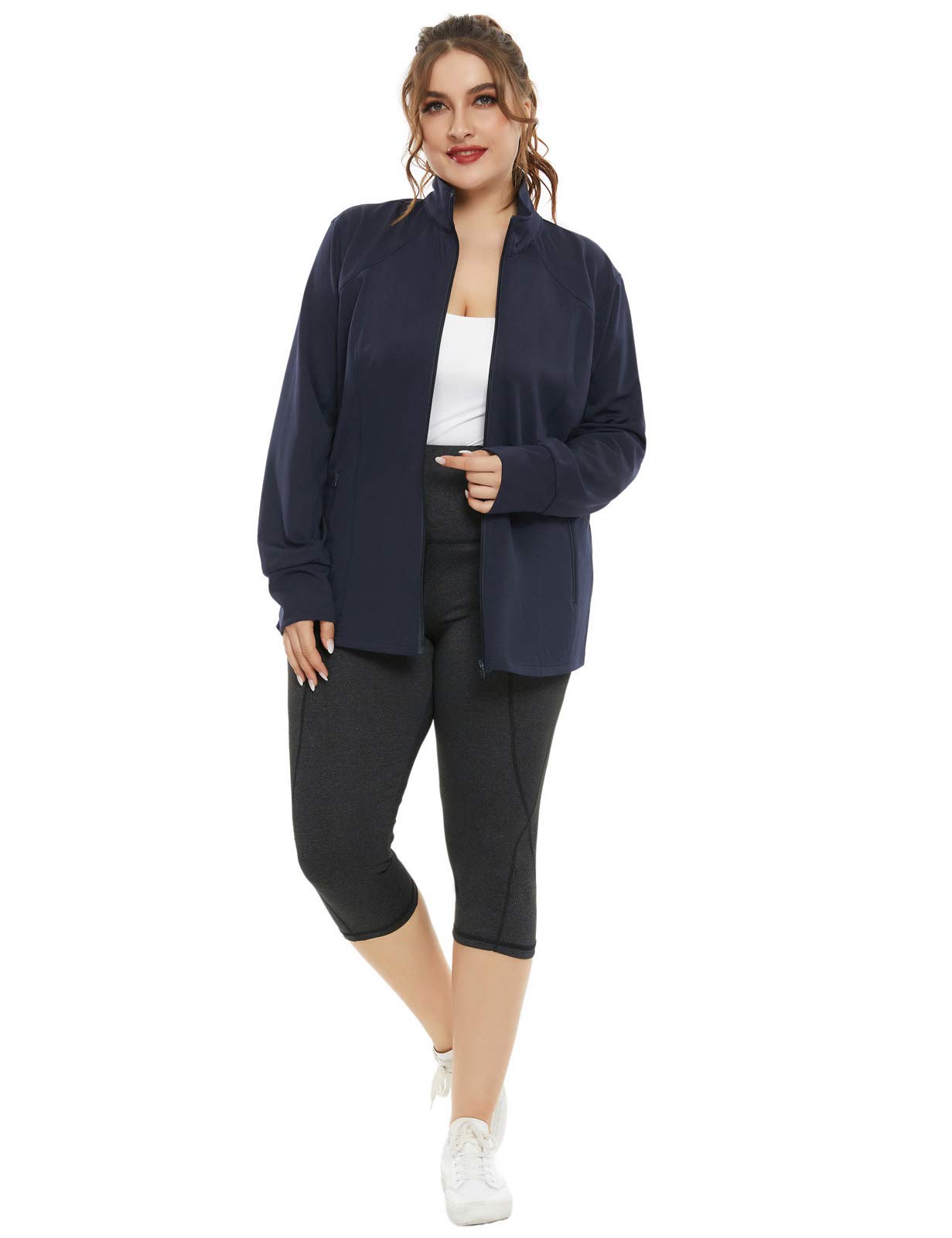 Hanna Nikole Womens Plus Size Active Full Zip Long Sleeve Jacket with Front Pockets Navy 24W