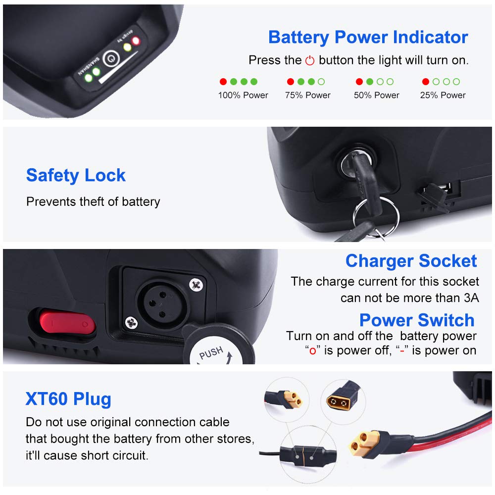 JUNSTAR Ebike Battery 52V 48V Lithium Ion Battery Electric Bicycle Dowuntube Frame Mounted Battery 13Ah / 17.5Ah / 18Ah / 20Ah Battery with Touring Carrier