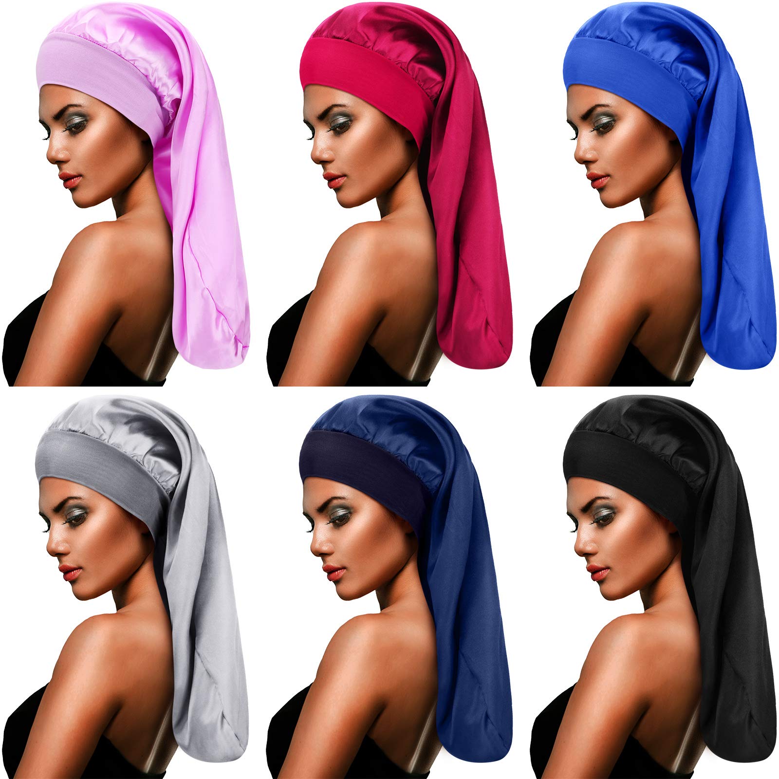 SATINIOR 6 Pcs Long Hair Satin Bonnet for Sleeping Extra Large Sleep Braid Bonnet Elastic Band Silk Night Sleep Hat for Women Long Curly Hair Braids Multi