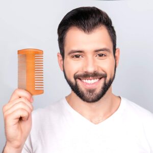 3 Pieces Beard Comb Natural Sandalwood Wooden Mustaches Combs Dual Action Teeth Beard Comb with 3 Pieces Pocket Faux Leather Case for Beards Mustaches (Yellow)