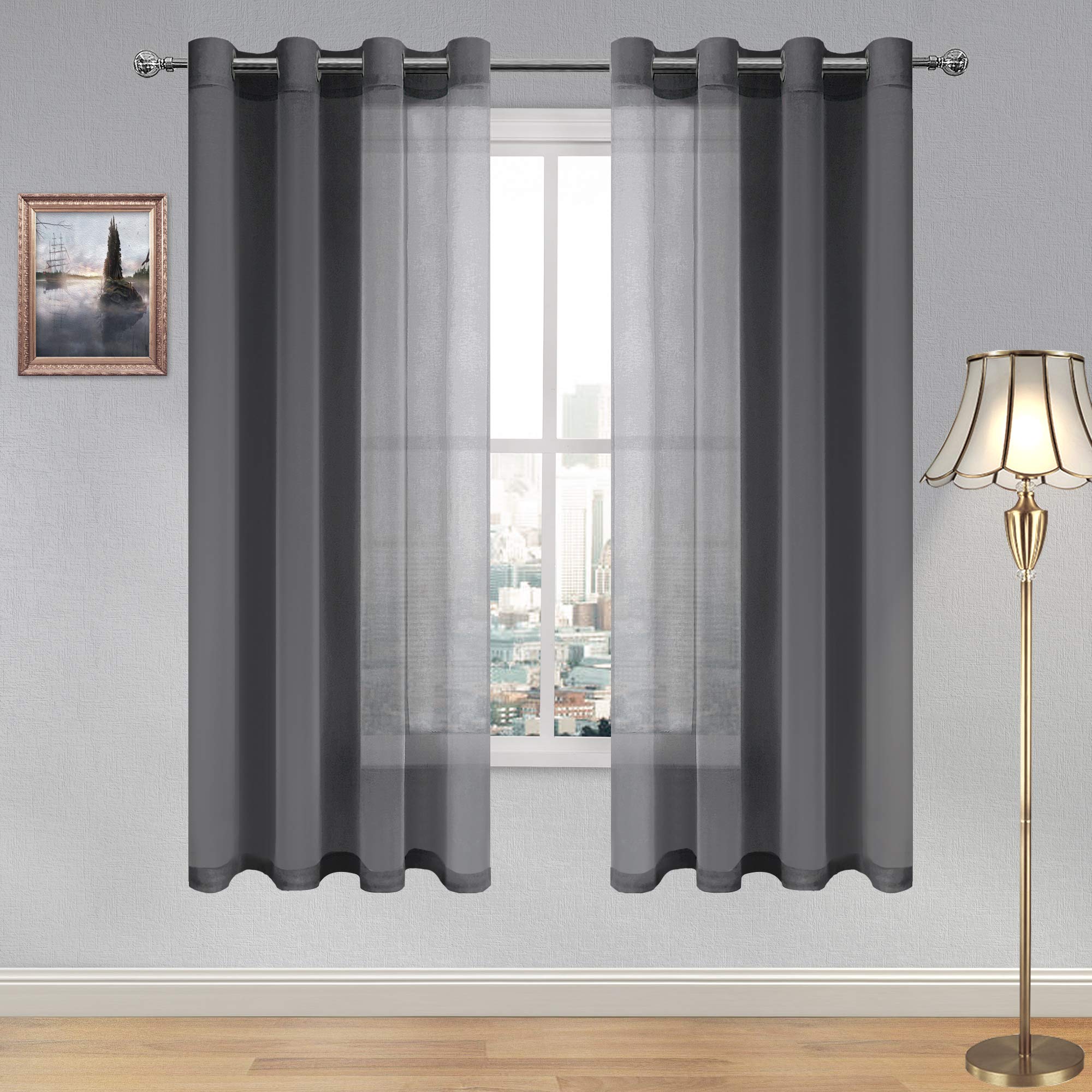 DWCN Dark Grey Sheer Curtains for Living Room Bedroom - Faux Linen Look Voile Drapes Grommet Top Window Curtain Panel 52 x 63 Inch Length, Set of 2 Panels