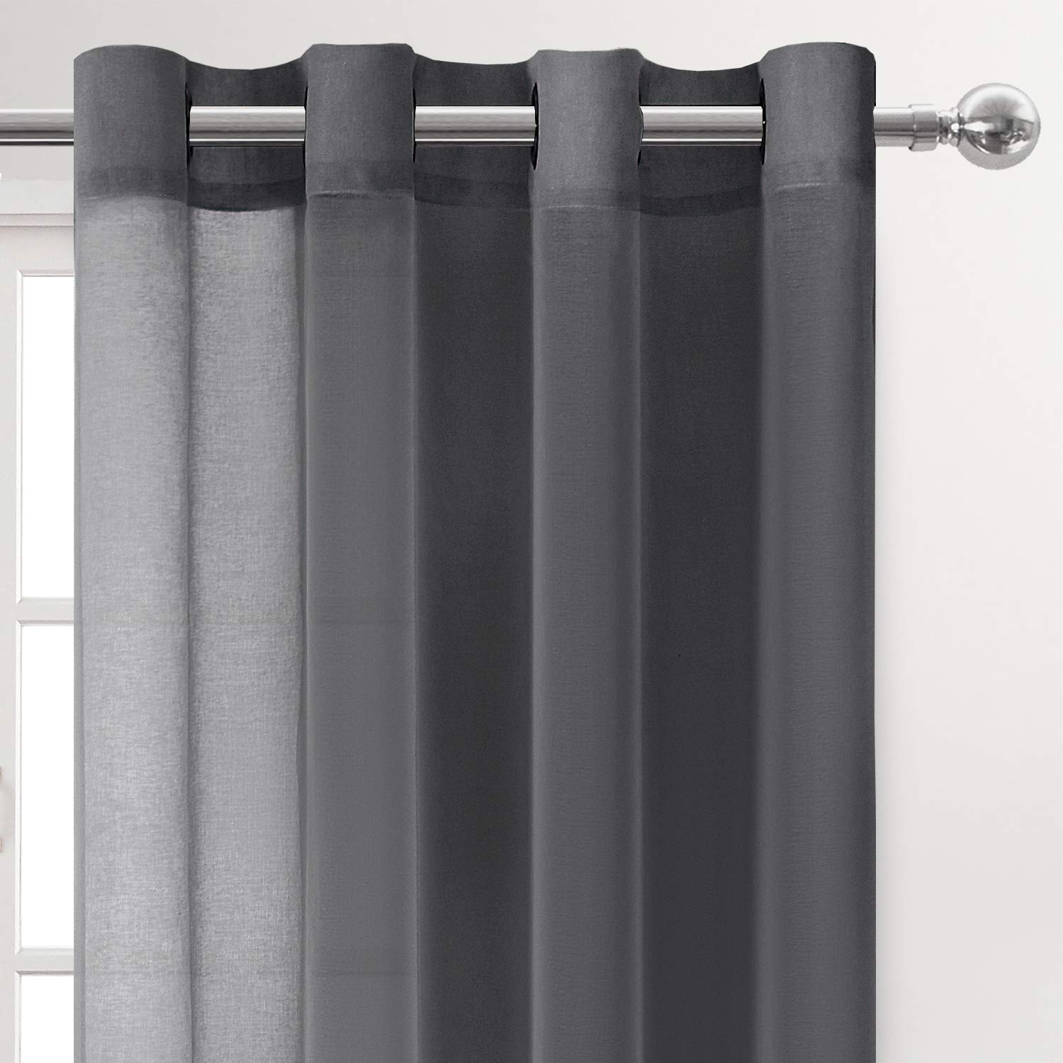 DWCN Dark Grey Sheer Curtains for Living Room Bedroom - Faux Linen Look Voile Drapes Grommet Top Window Curtain Panel 52 x 63 Inch Length, Set of 2 Panels