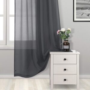 DWCN Dark Grey Sheer Curtains for Living Room Bedroom - Faux Linen Look Voile Drapes Grommet Top Window Curtain Panel 52 x 63 Inch Length, Set of 2 Panels