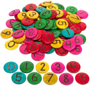 ready 2 learn - ce10006 coconut numbers - set of 100 - 0-9 - 5 colors - natural, hand made counters for kids - math manipulatives