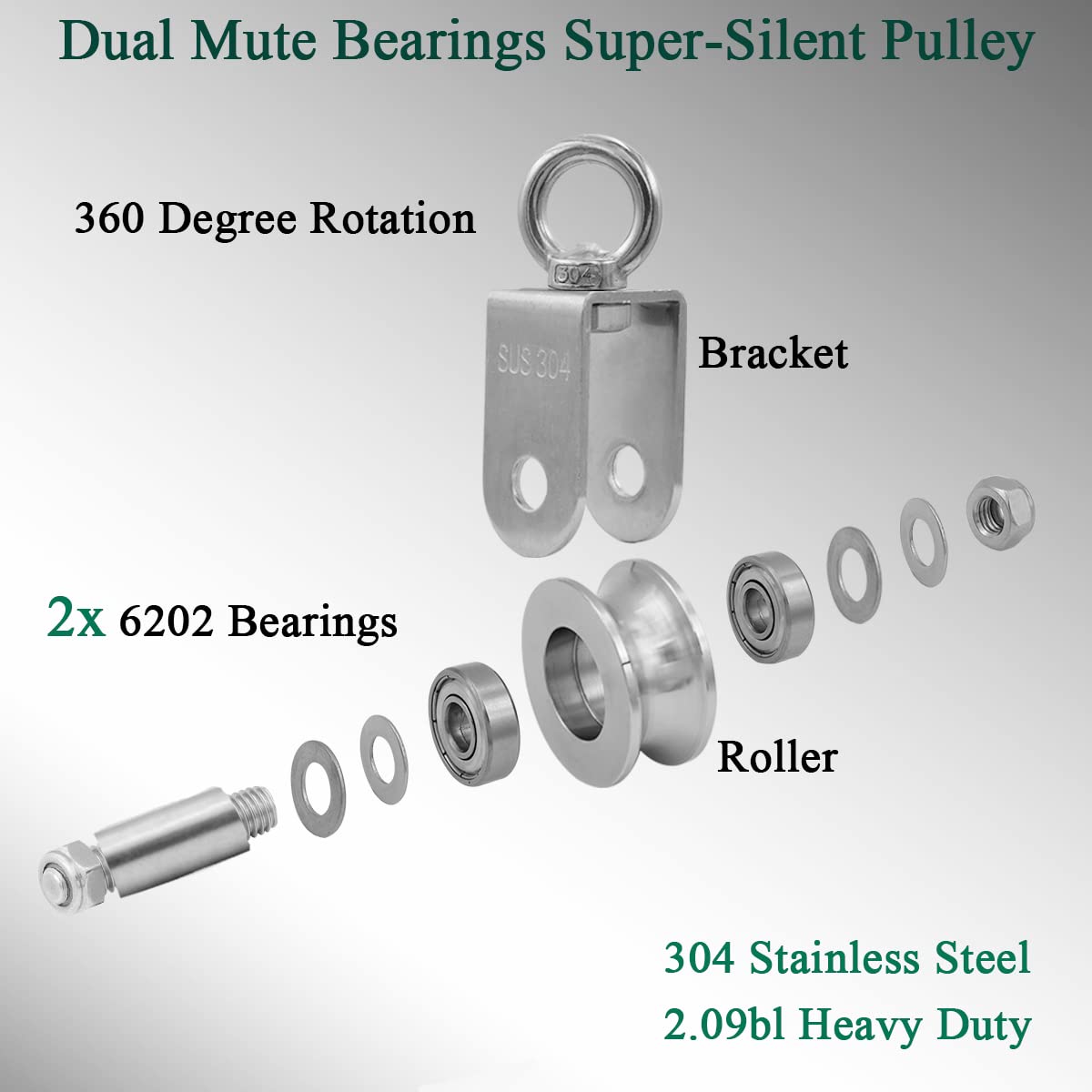 Pulley Wheel Heavy Duty Single Wheel Swivel Pulley Block Duplex Bearing 304 Stainless Steel 360 Degree Rotation Smooth Loading 800 Kg for Material Handling and Moving Lifting