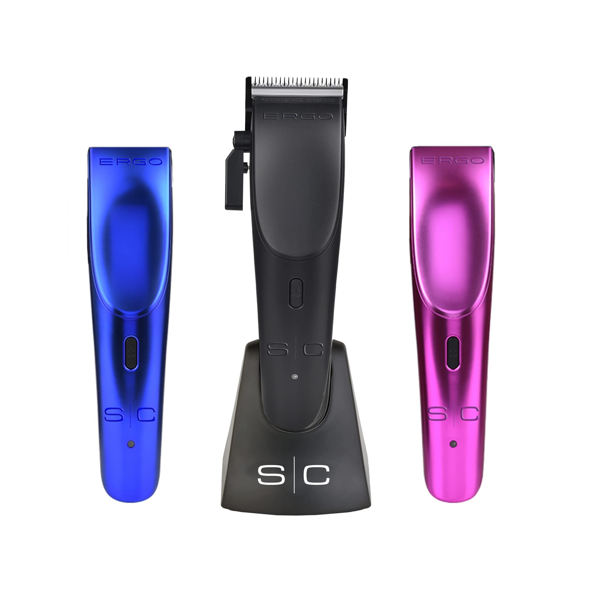 StyleCraft Ergo Professional Microchipped Magnetic Clipper with 5 Guards, Charging Stand, and 3 Customizable Colored Lids (Black, Pink, Blue)