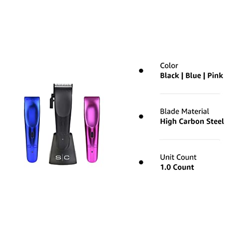 StyleCraft Ergo Professional Microchipped Magnetic Clipper with 5 Guards, Charging Stand, and 3 Customizable Colored Lids (Black, Pink, Blue)