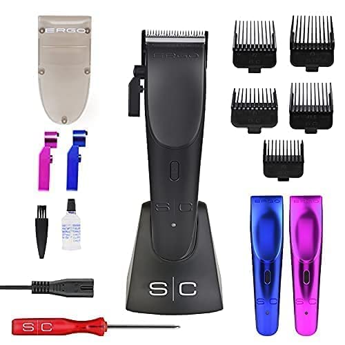 StyleCraft Ergo Professional Microchipped Magnetic Clipper with 5 Guards, Charging Stand, and 3 Customizable Colored Lids (Black, Pink, Blue)