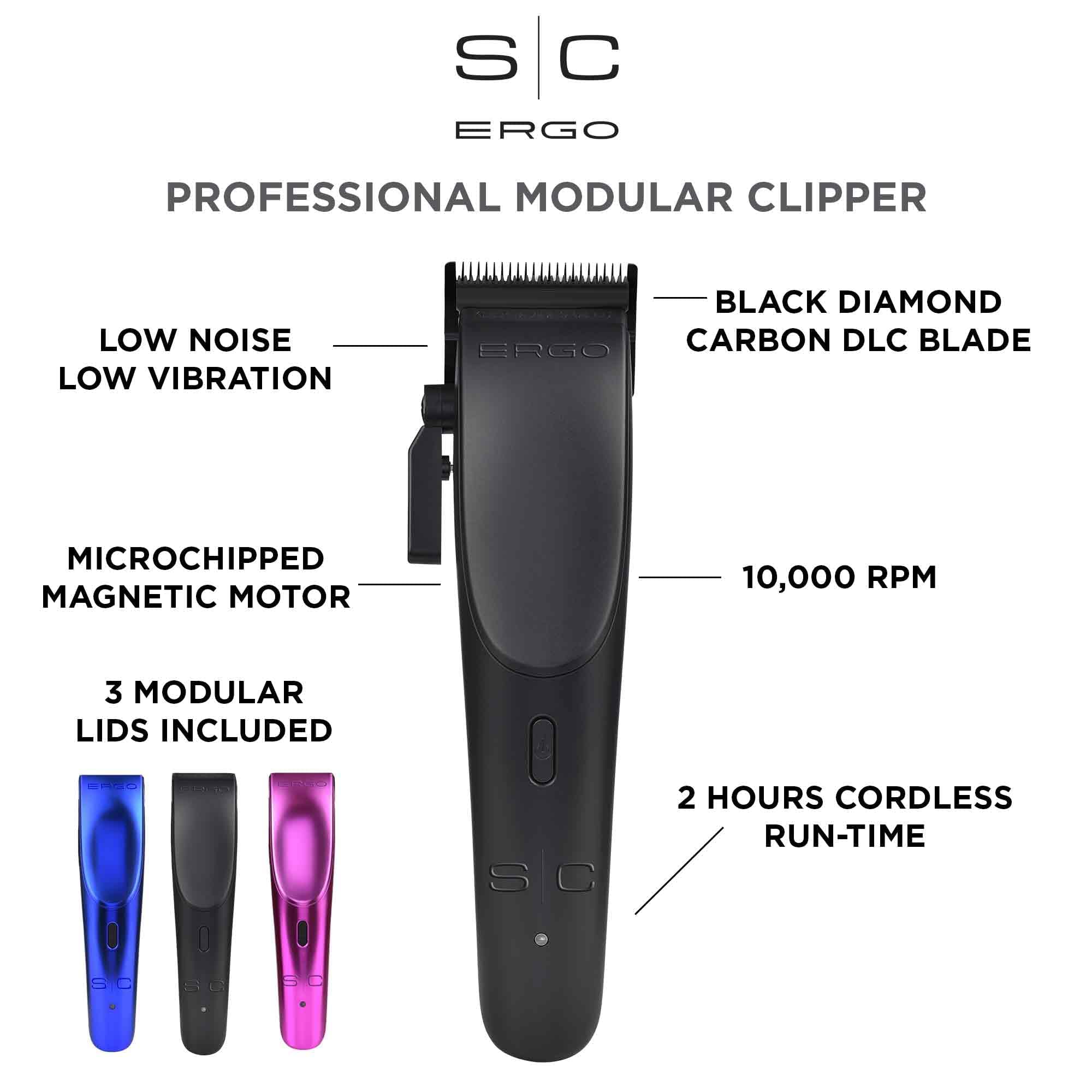 StyleCraft Ergo Professional Microchipped Magnetic Clipper with 5 Guards, Charging Stand, and 3 Customizable Colored Lids (Black, Pink, Blue)